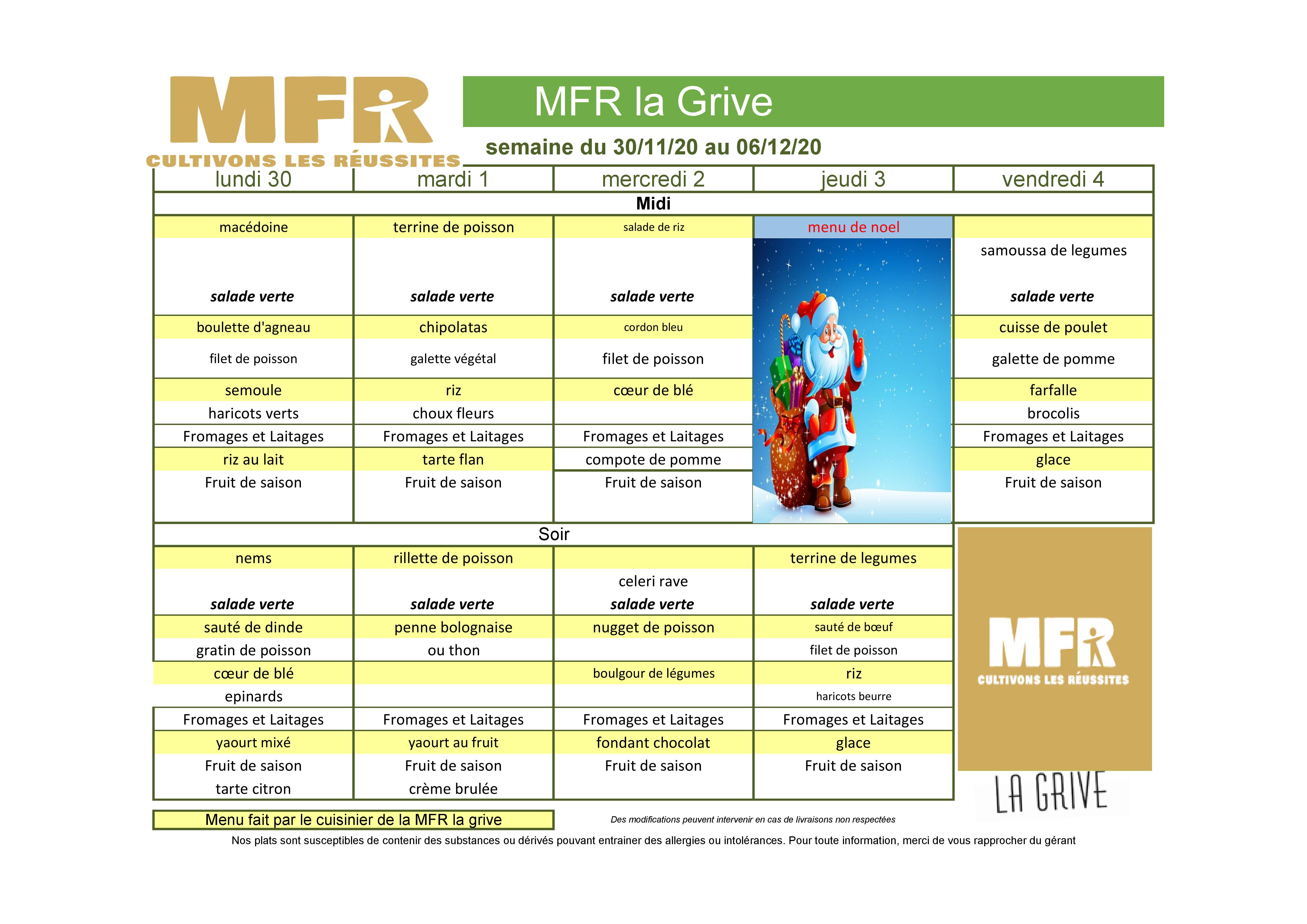 MFR de La Grive : Menus de la restauration
