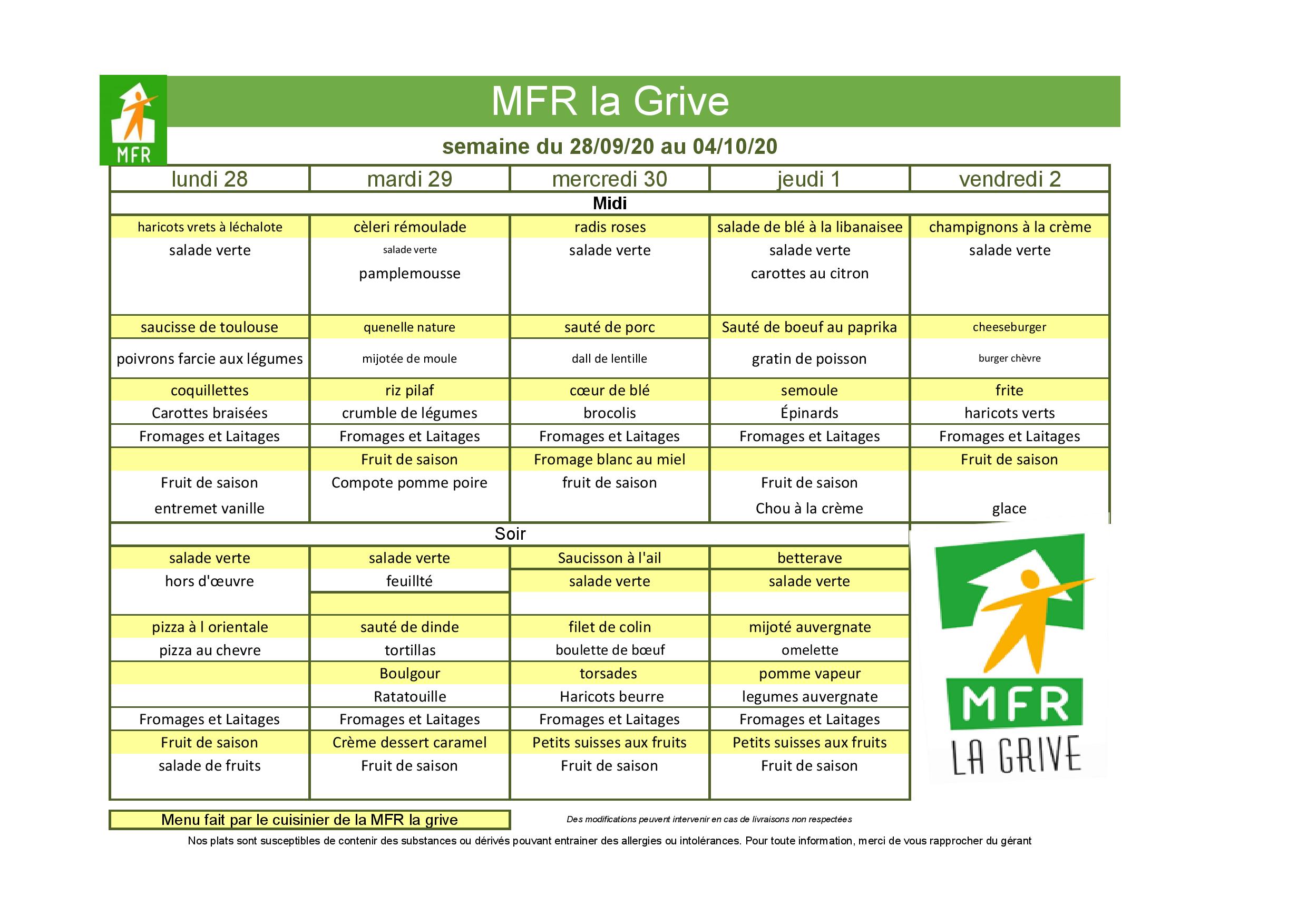 MFR de La Grive : Menus de la restauration 20-21