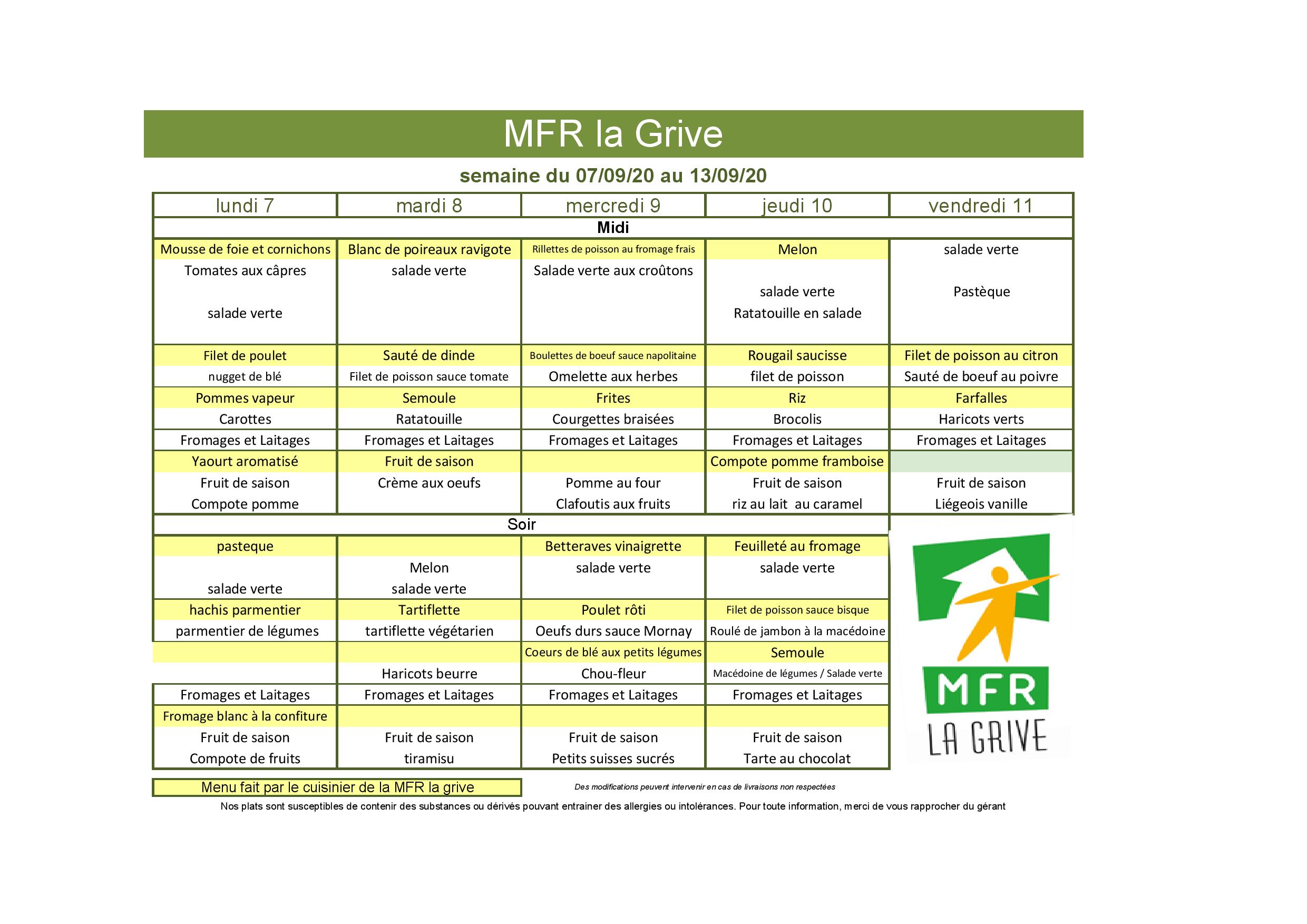 MFR de La Grive : Menus de la restauration 20-21