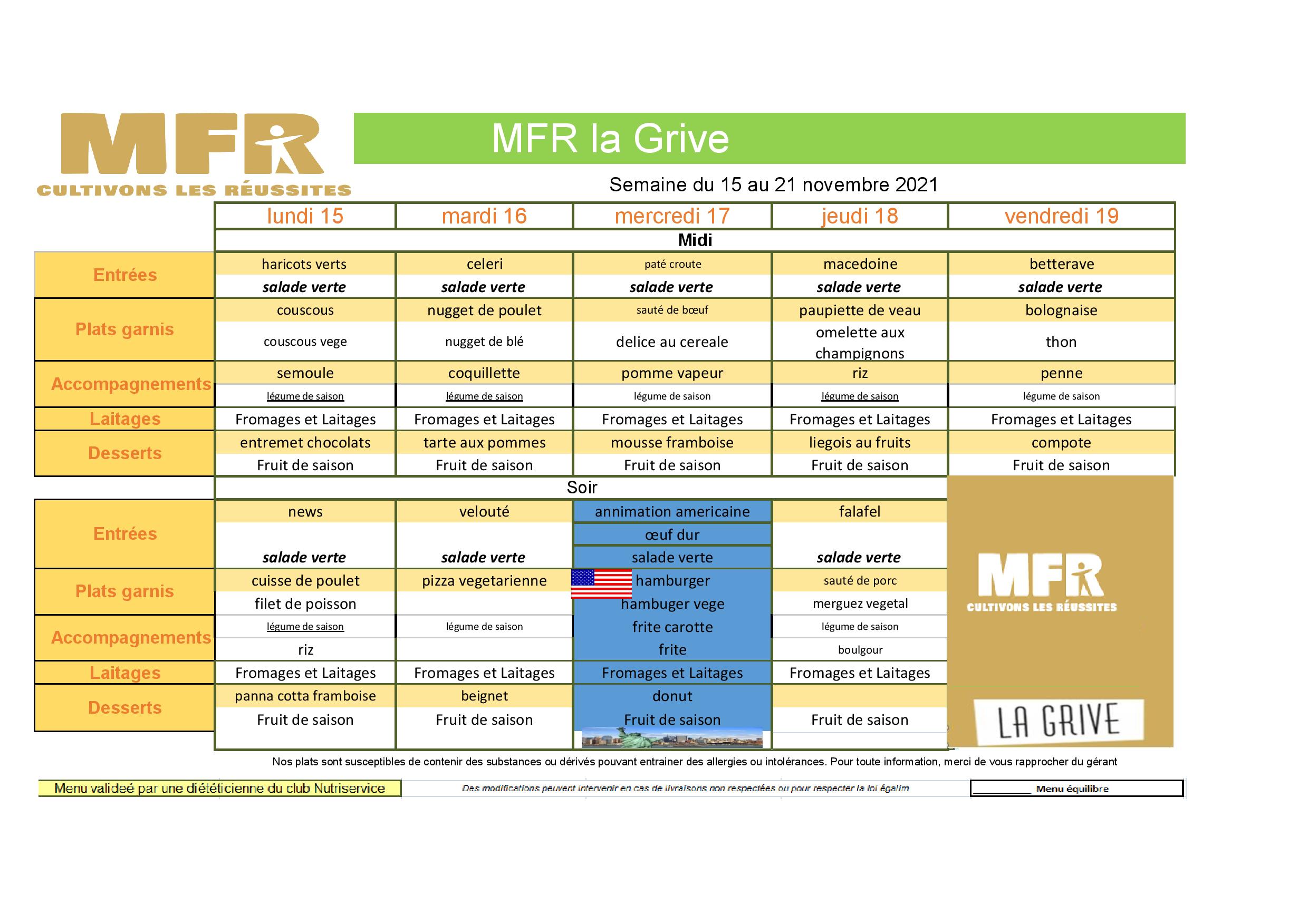 MFR de La Grive : Menu de la restauration 21-22