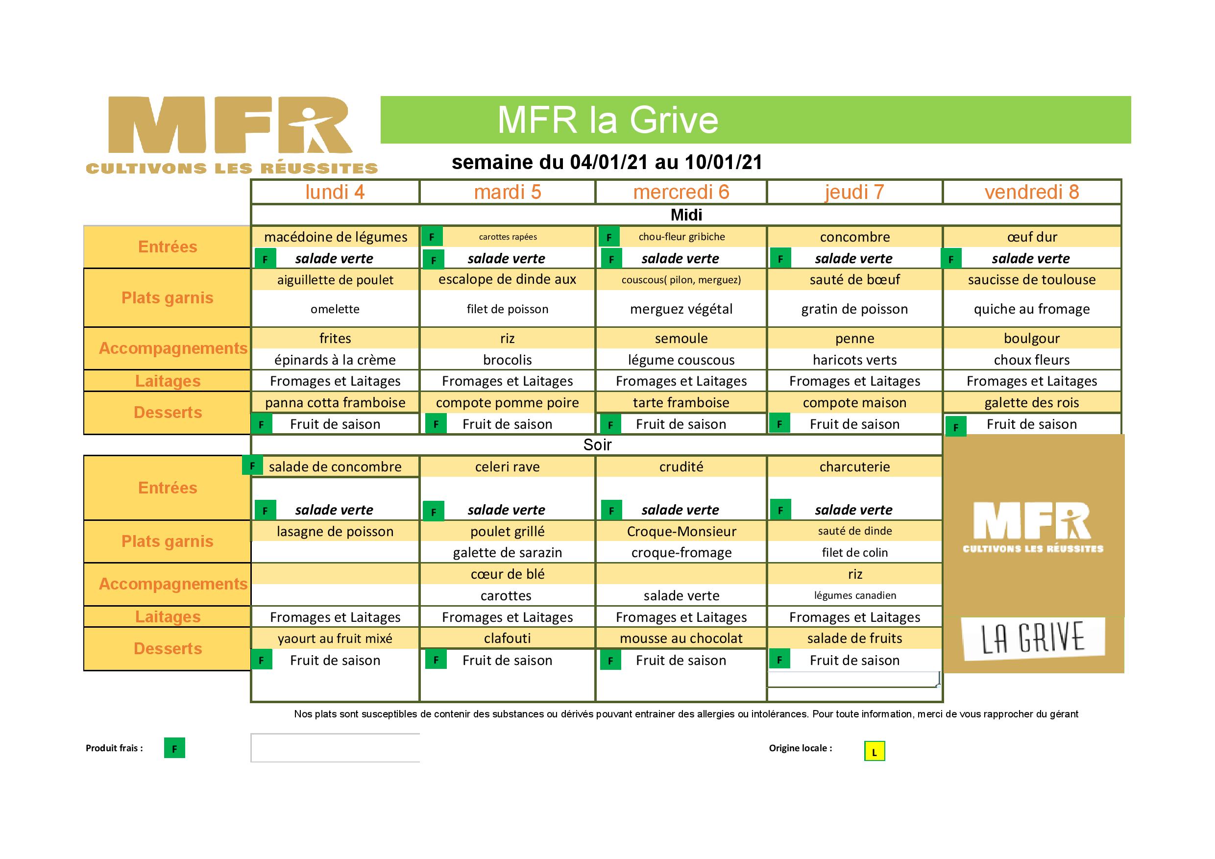 MFR de La Grive : Menus de la restauration 20-21