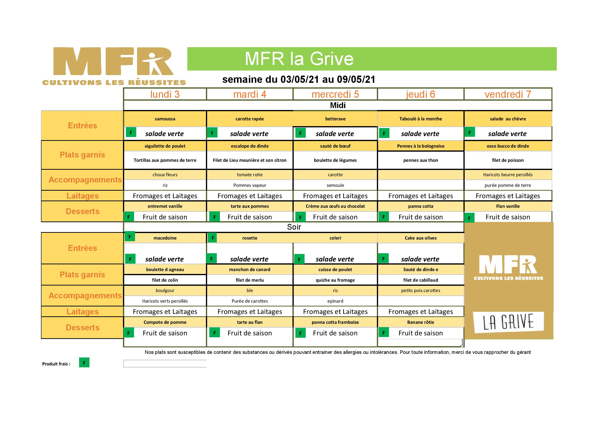 MFR de La Grive : Menus de la restauration 20-21
