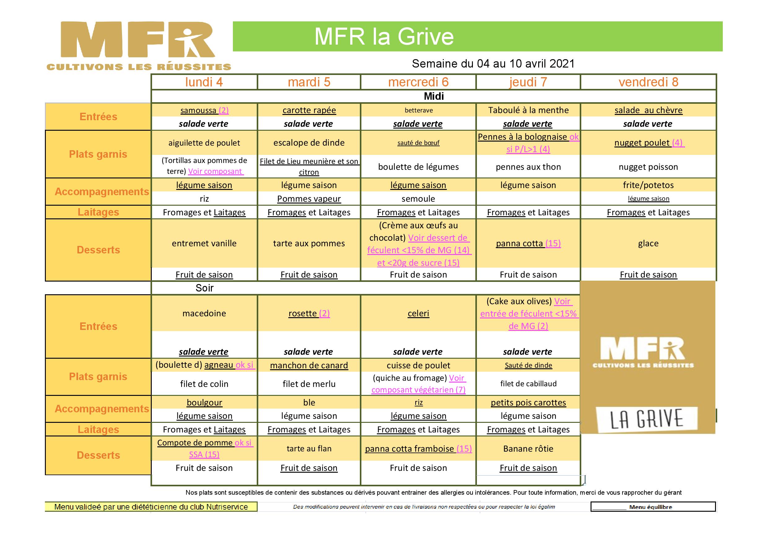 MFR de La Grive : Menu de la restauration 21-22